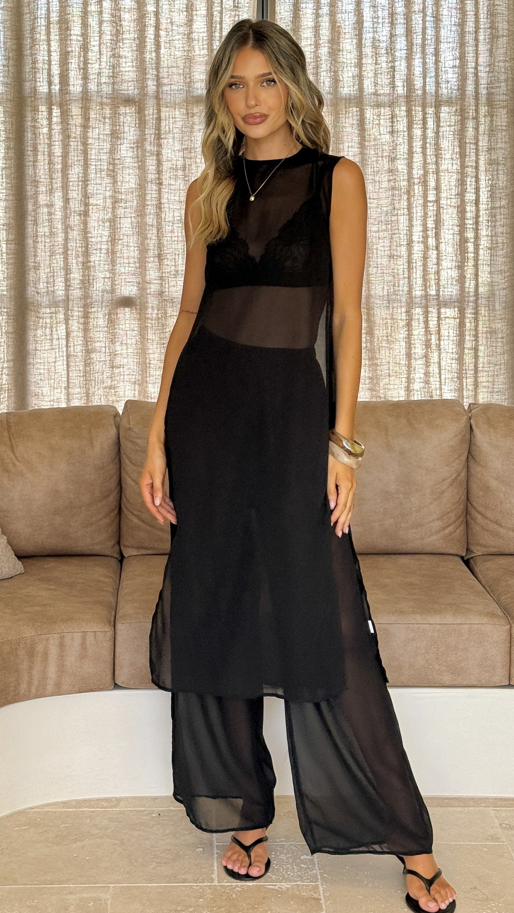 Zaire Long Line Sheer Top and Pants Set - Black - Buy Women's Sets ...